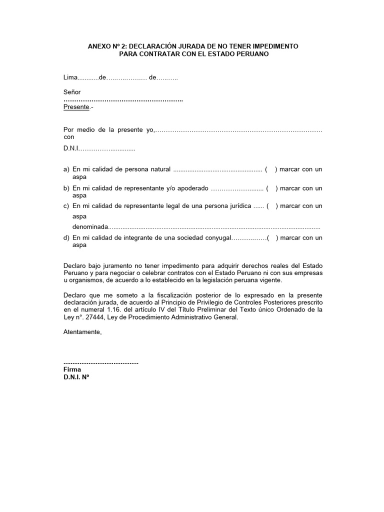 Declaración Jurada de No Impedimento | PDF | Derecho