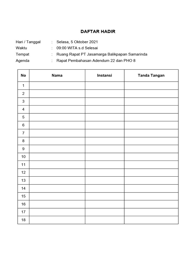 Form Daftar Hadir. | PDF