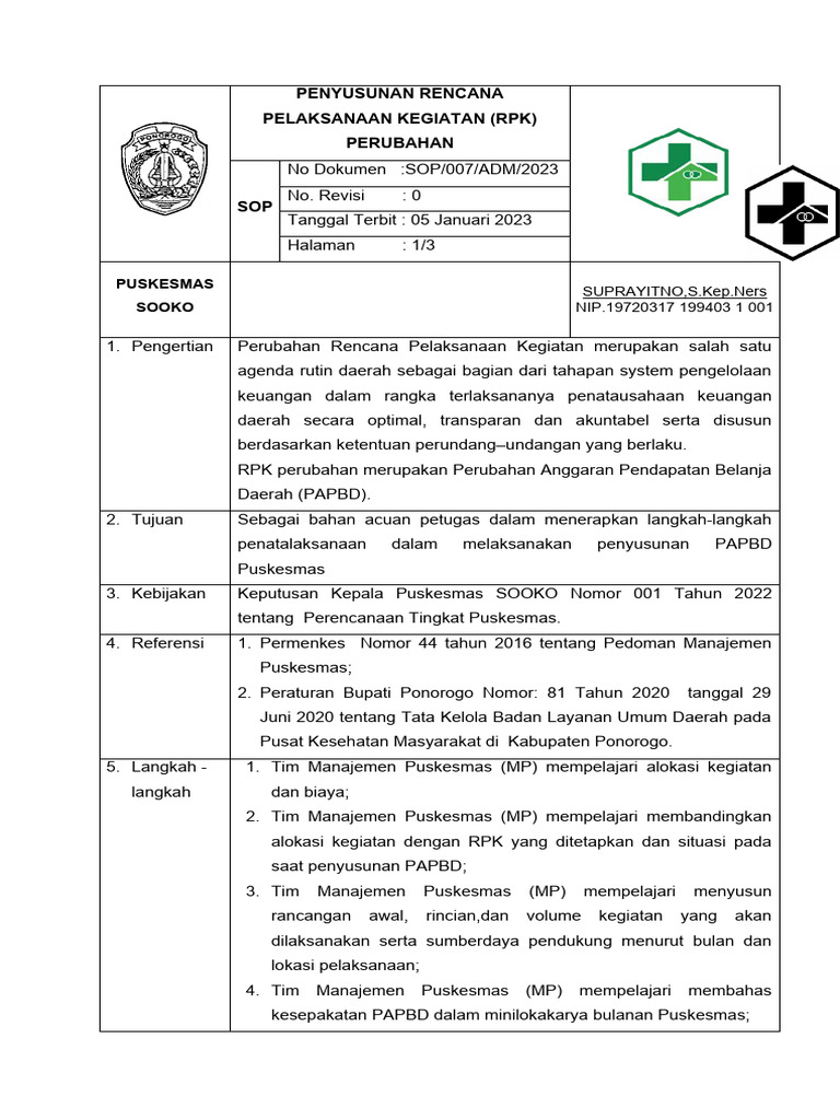4.sop Penyusunan RPK Perubahan | PDF