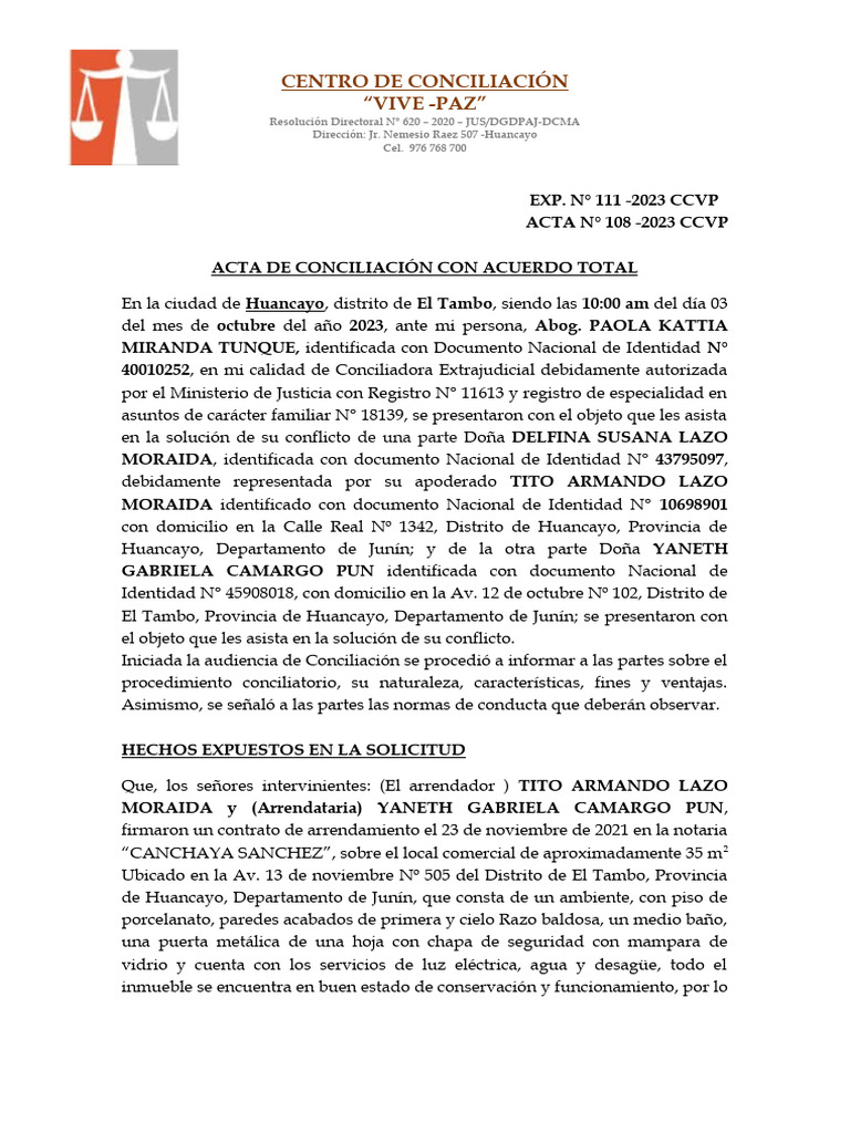 Acta de Conciliacion Contrato de Arrendamiento | PDF | Justicia ...