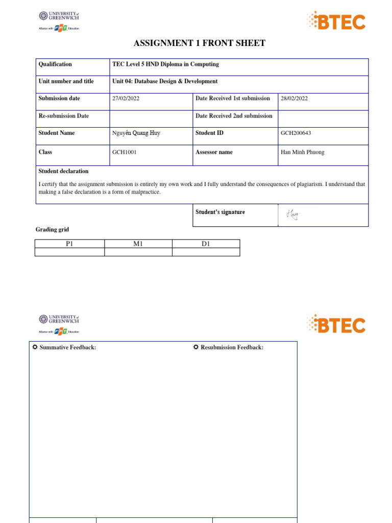 Asm1 1622 Nguyenquanghuy Gch200643 Gch1001 | PDF | Databases | Relational Database