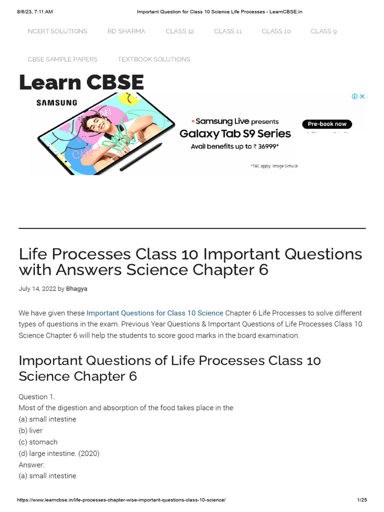 Class 10 Life Processes Important Questions | PDF | Kidney ...