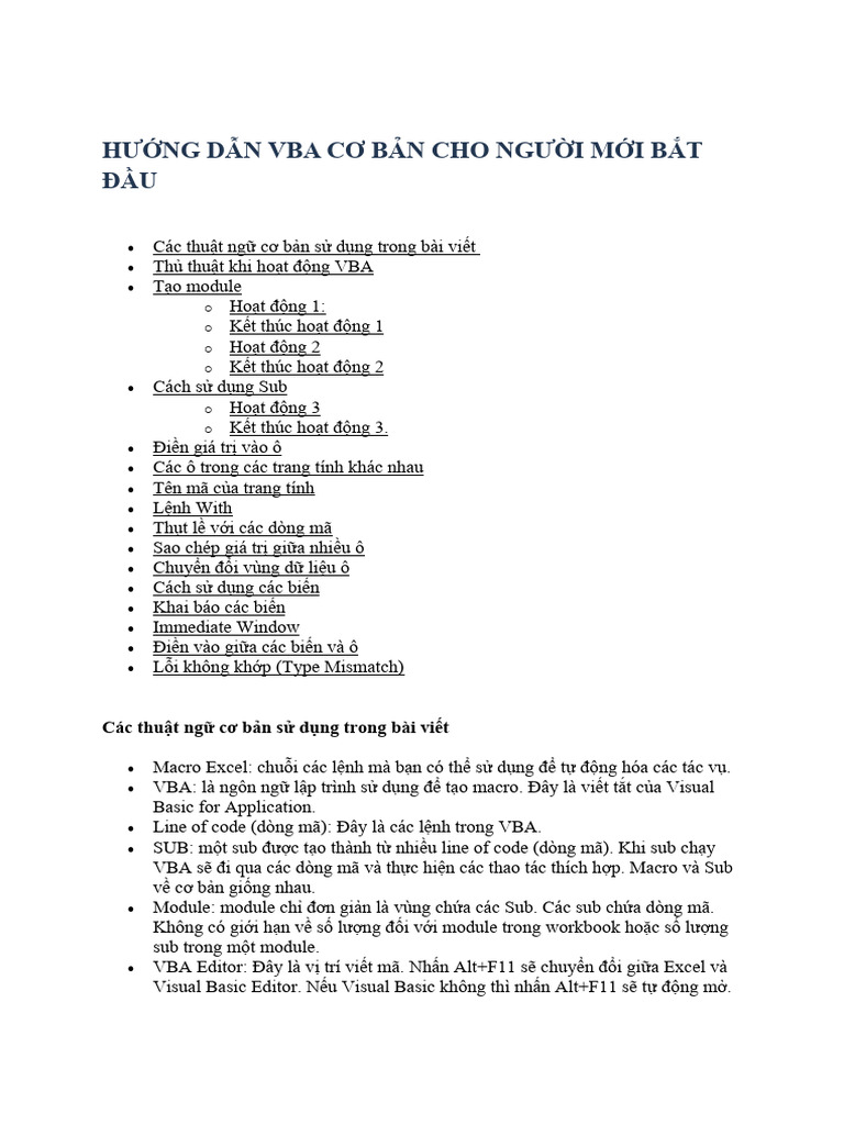 HƯỚNG DẪN VBA CƠ BẢN CHO NGƯỜI MỚI BẮT ĐẦU | PDF