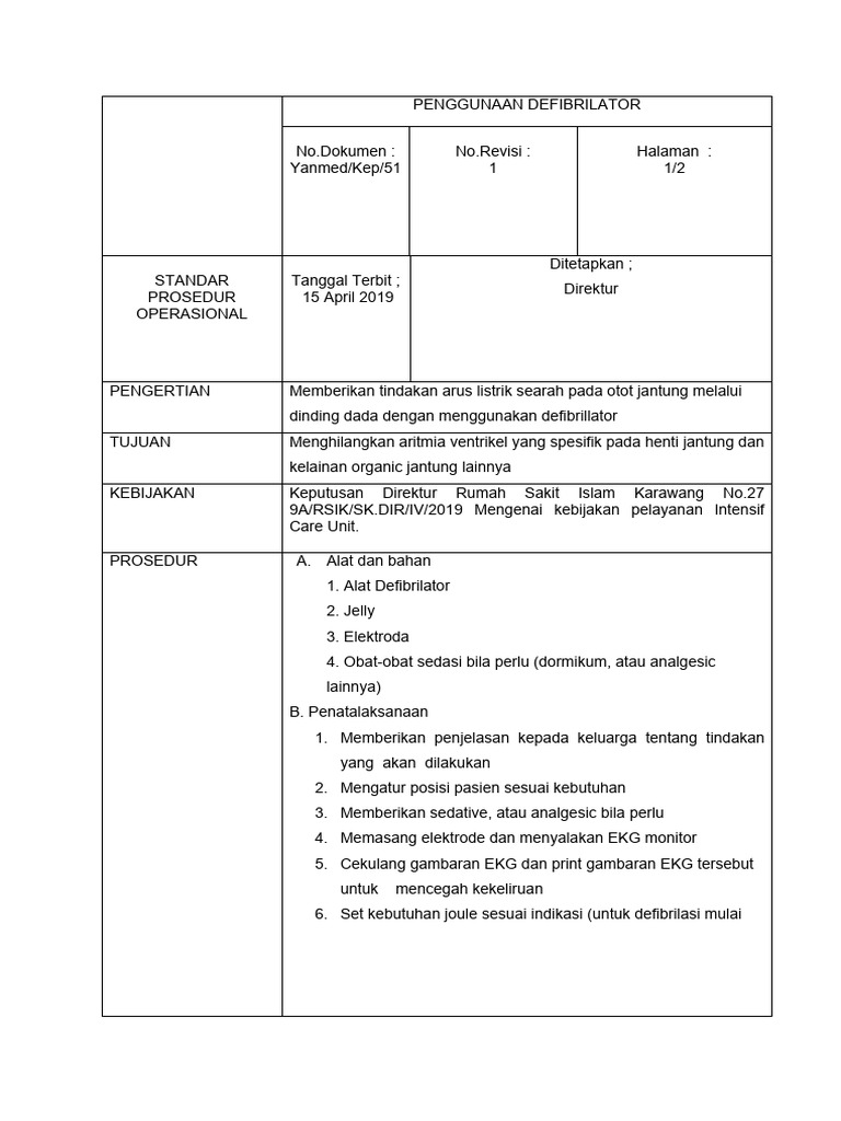 Sop Penggunaan Defibrilator | PDF