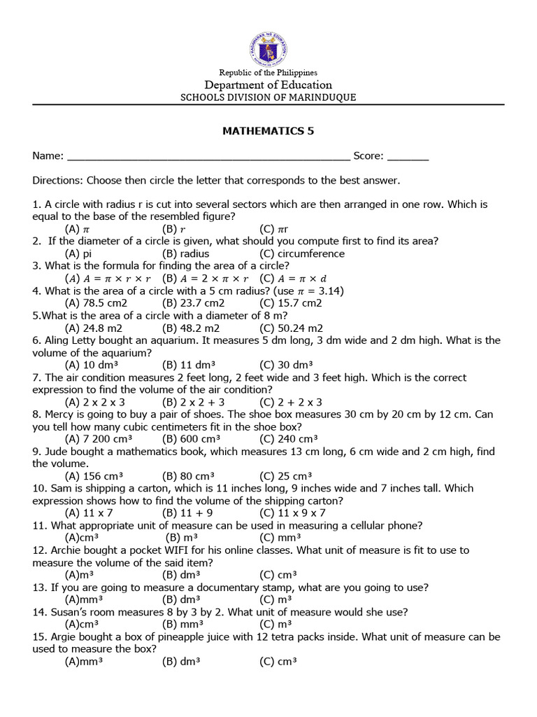 Math 5 4th PT | PDF | Area | Geometry