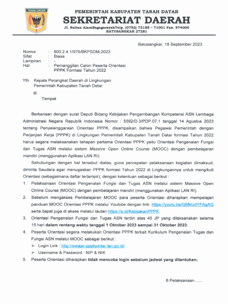 Surat Pemanggilan Peserta Orientasi | PDF