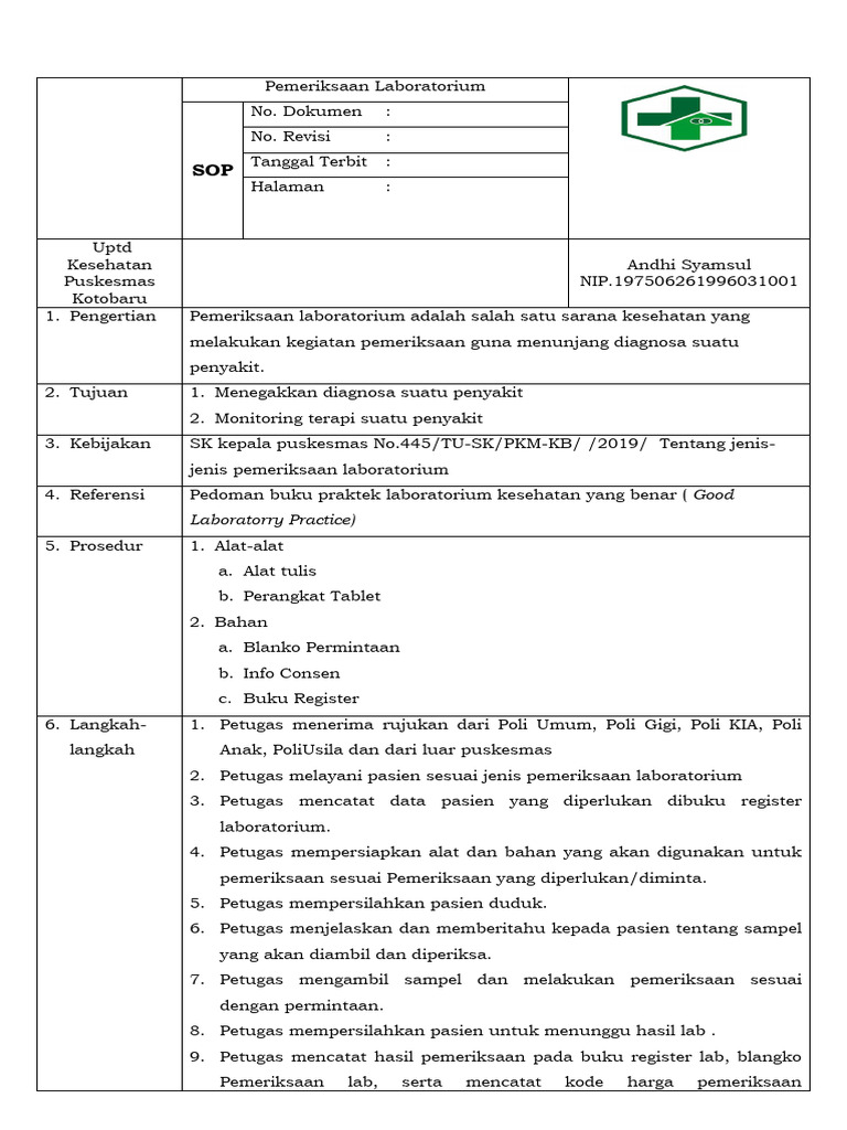 Bab 8.1.1.b SOP Pemeriksaan Labor | PDF