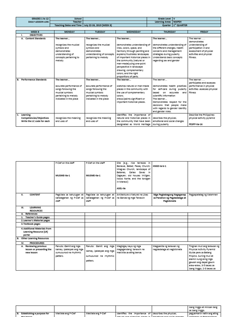 MAPEH 5 Q1 Week 8 DLL | PDF