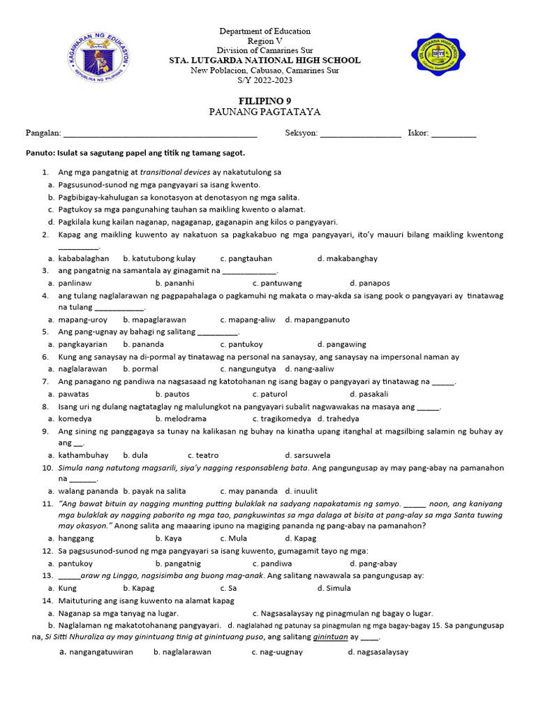 Pre Test in Filipino 9 | PDF