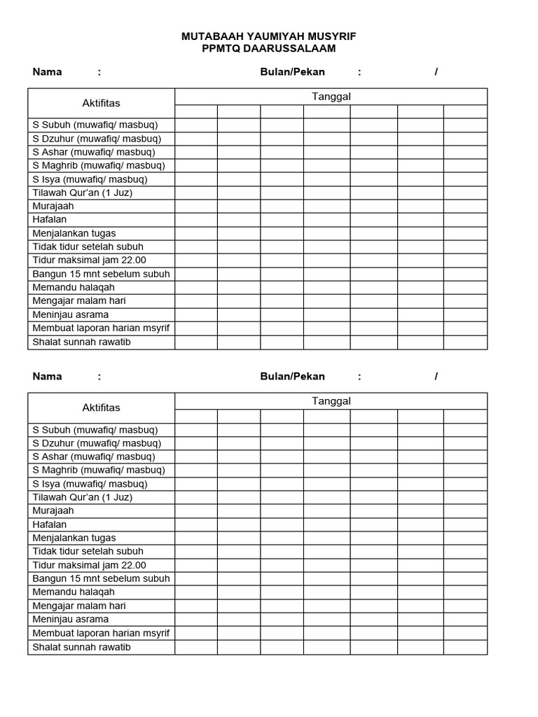 MUTABAAH YAUMIYAH MUSYRIF | PDF