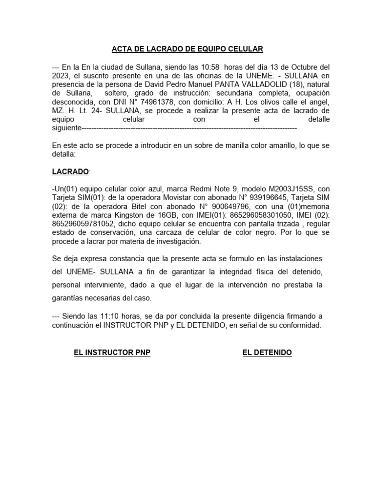 Acta de Lacrado de Equipo Celular | PDF