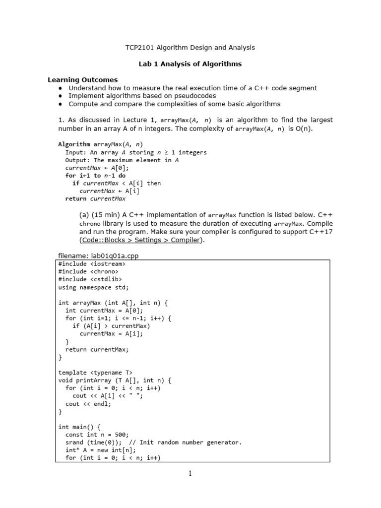 Lab 1 TCP2101 ALGORITHM DESIGN AND ANALYSIS | PDF | Algorithms | C++