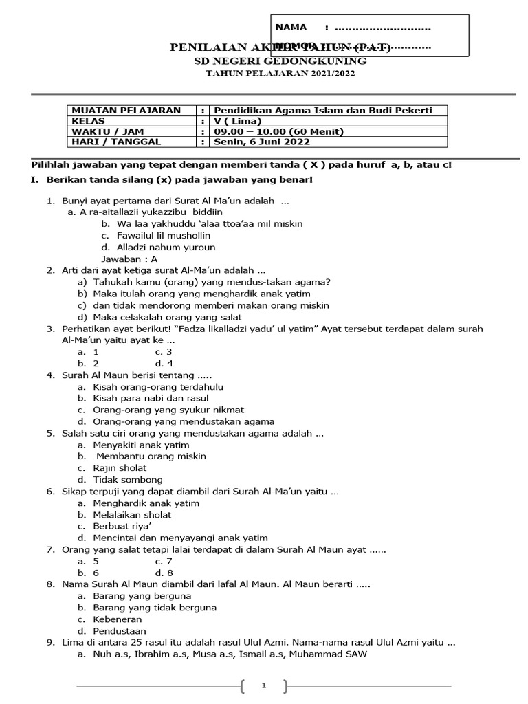 Soal PAT PAI Kelas 5 SD | PDF