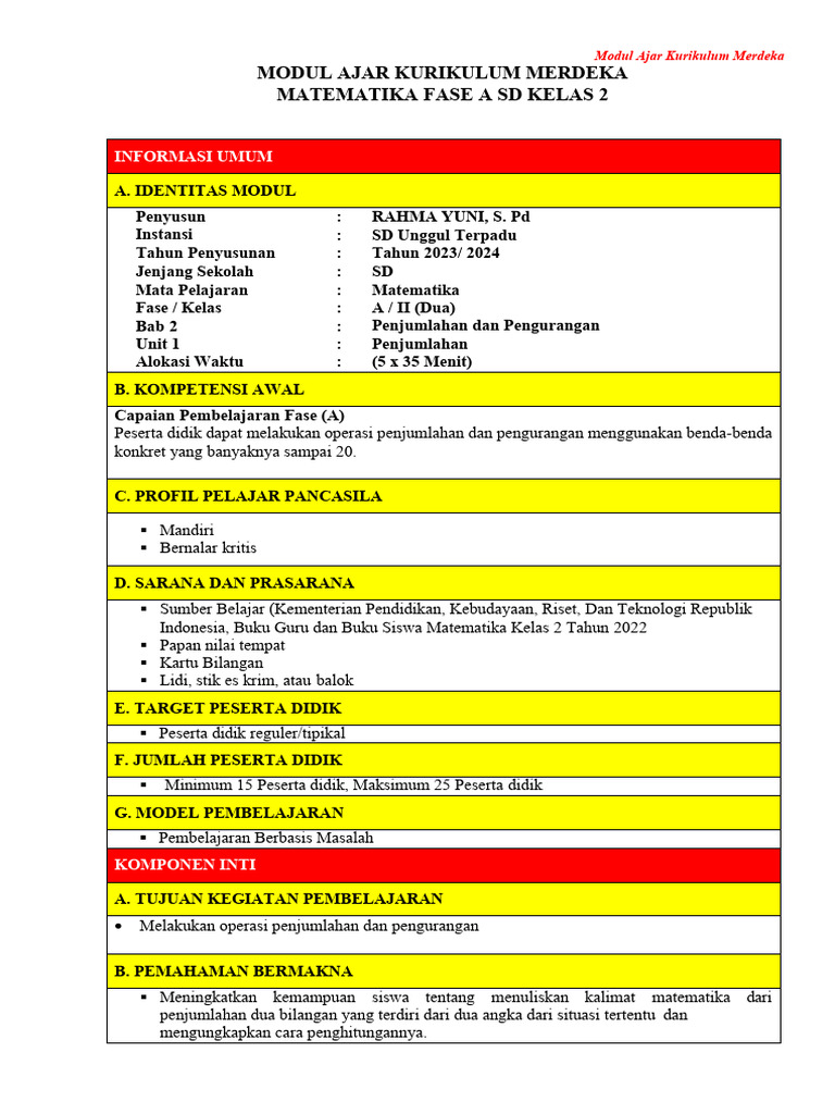 Modul Ajar Matematika - Modul Ajar Matematika Bab 2 Penjumlahan Dan ...
