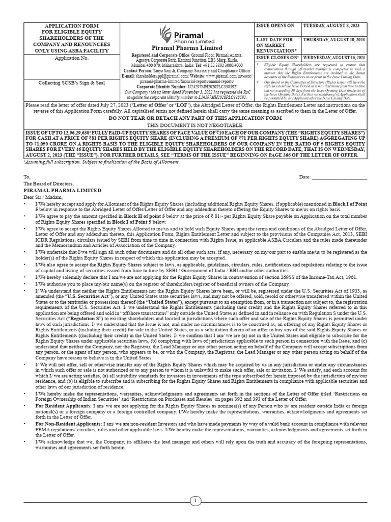 Piramal Pharma Limited Applicattion Form | PDF