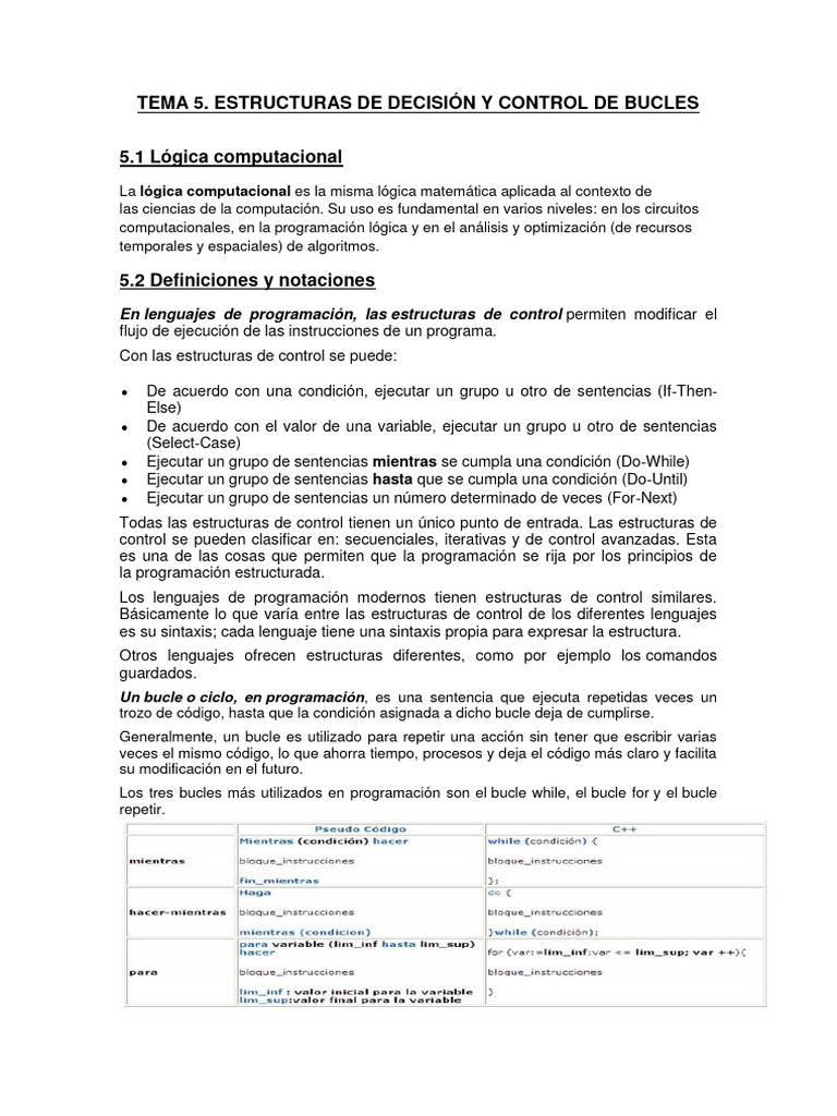 Tema 5 - Estructuras de Decision y Control de Bucles | PDF | Flujo de control | Lenguaje de ...
