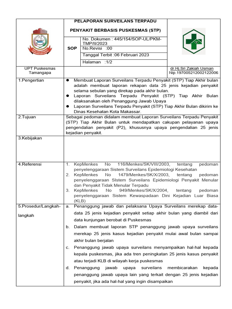 SOP Laporan Surveilans Penyakit STP | PDF
