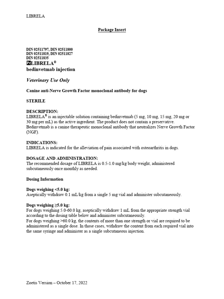 Librela Bedinvetmab Injection: Veterinary Use Only | PDF