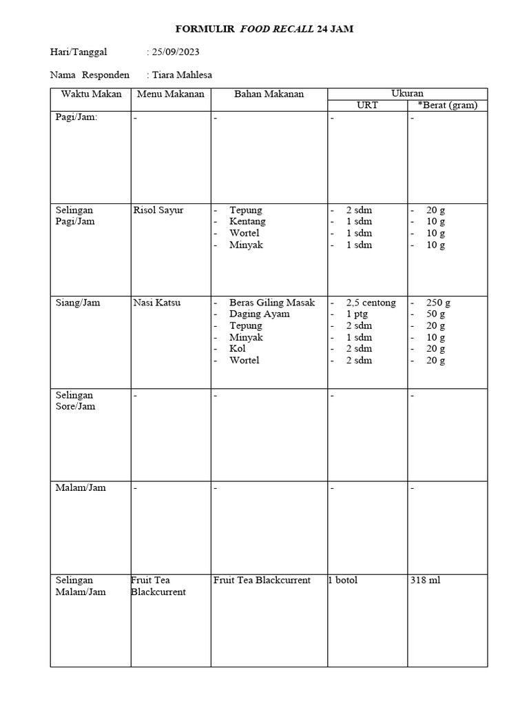 Formulir Food Recall 24 Jam | PDF