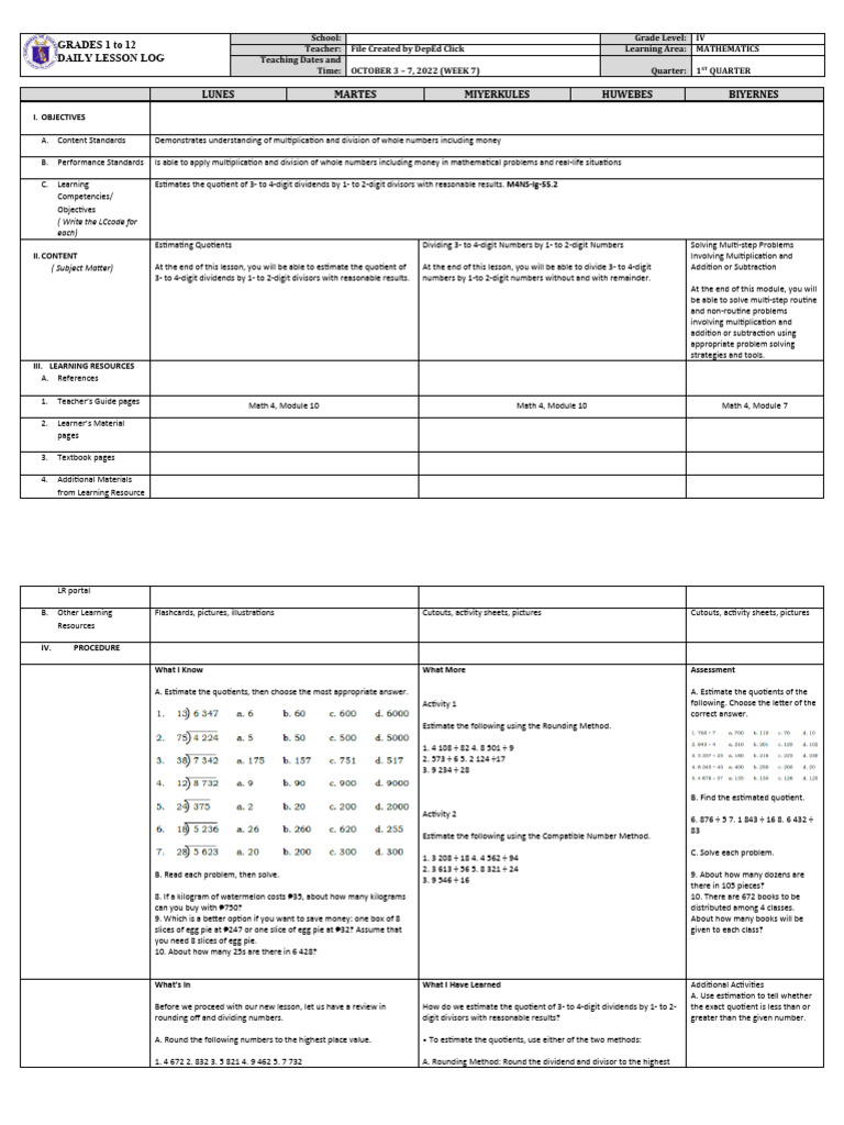 DLL - Mathematics 4 - Q1 - W7 | PDF