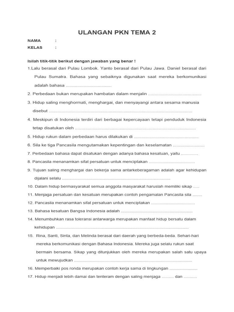 Ulangan PKN Tema 2 | PDF | Kajian Bahasa Asing