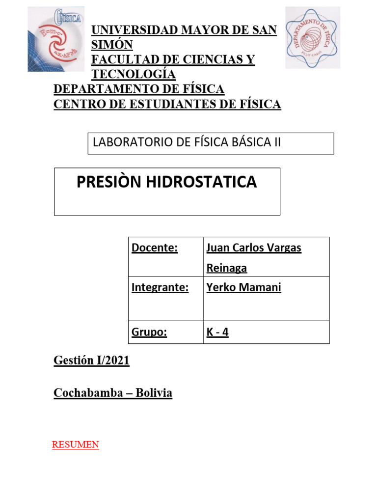 Presiòn Hidrostatica | PDF | Gases | Fuerza