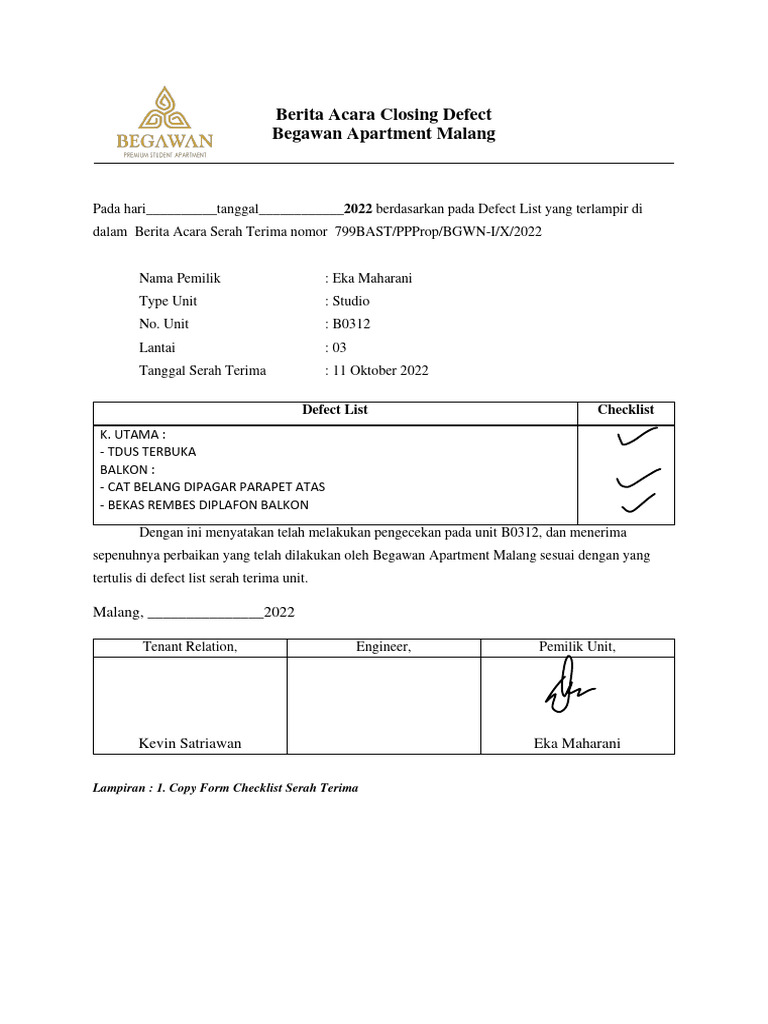 Contoh BA CLOSING B0312 Eka | PDF