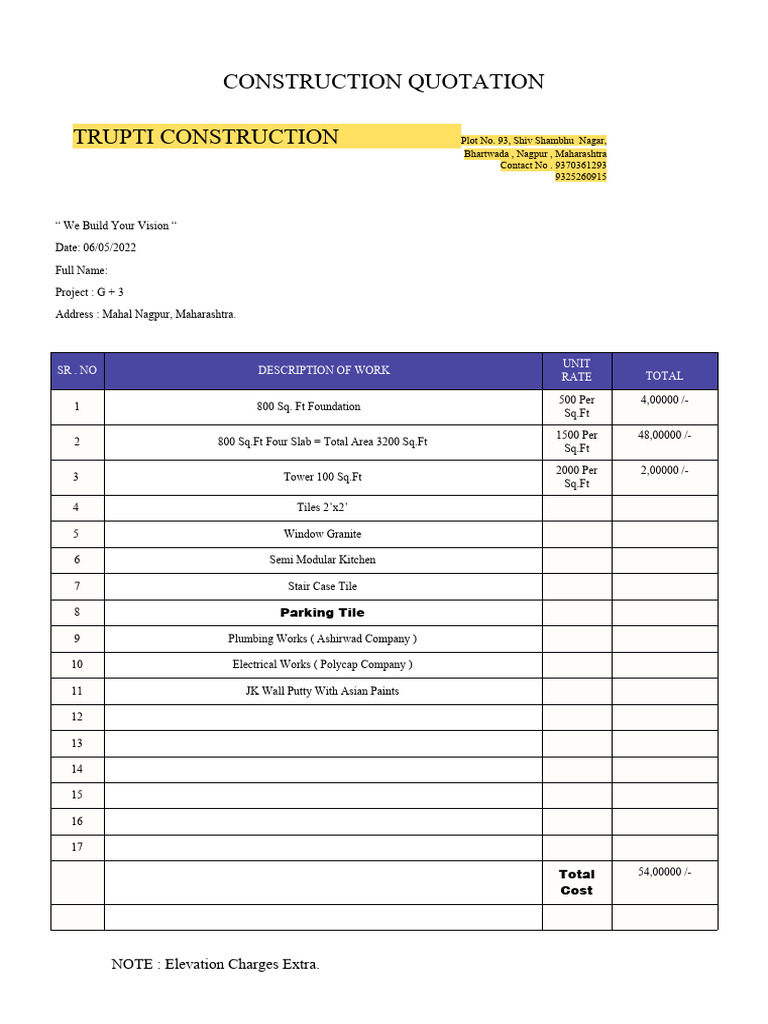 Construction Quotation Sample Template | PDF | Buildings And Structures