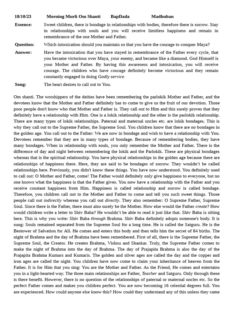 Murli 2023 10 18 | PDF