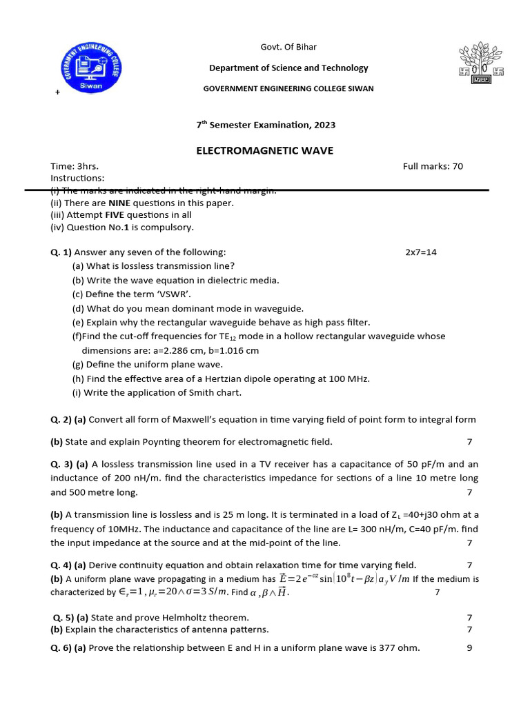 Semester EMW-1 Electromagnetic Wave Semester | PDF | Transmission Line | Waves