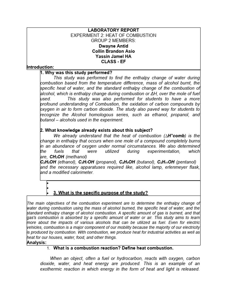 Group 2 Experiment 2 Lab Report Pdf Combustion Ethanol