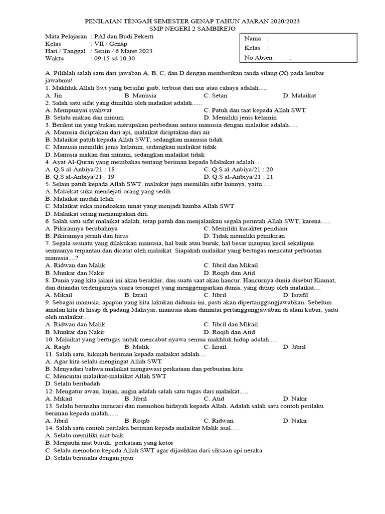 Soal Pts Pai 7 Smt 2 2023 Pelaksanaan (Betul) | PDF