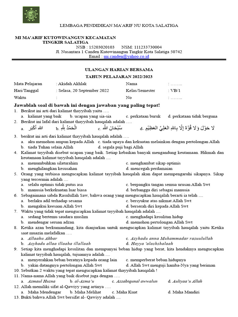 Soal UHB Akidah Akhlak Kelas 5b | PDF | Agama & Spiritualitas