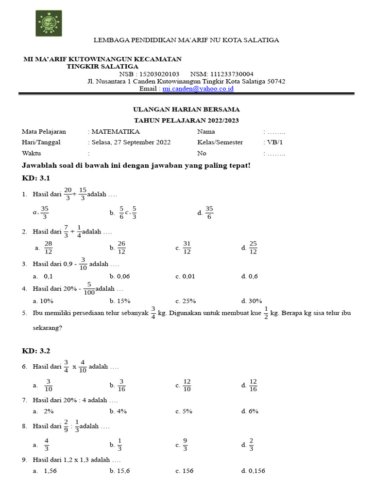 Soal UHB MTK Kelas 5b | PDF