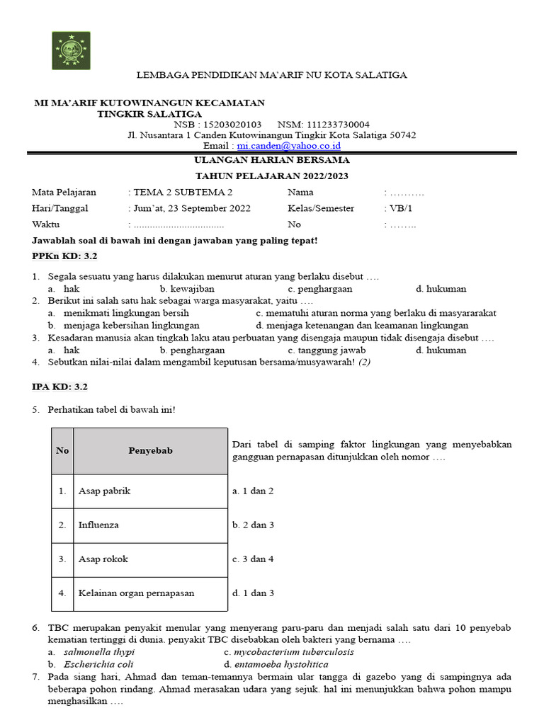 Soal Tema 2 Sub Tema 2 Kelas 5b | PDF
