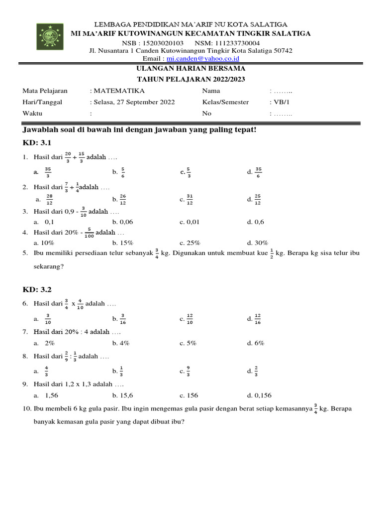 Soal UHB MTK Kelas 5b Ok | PDF