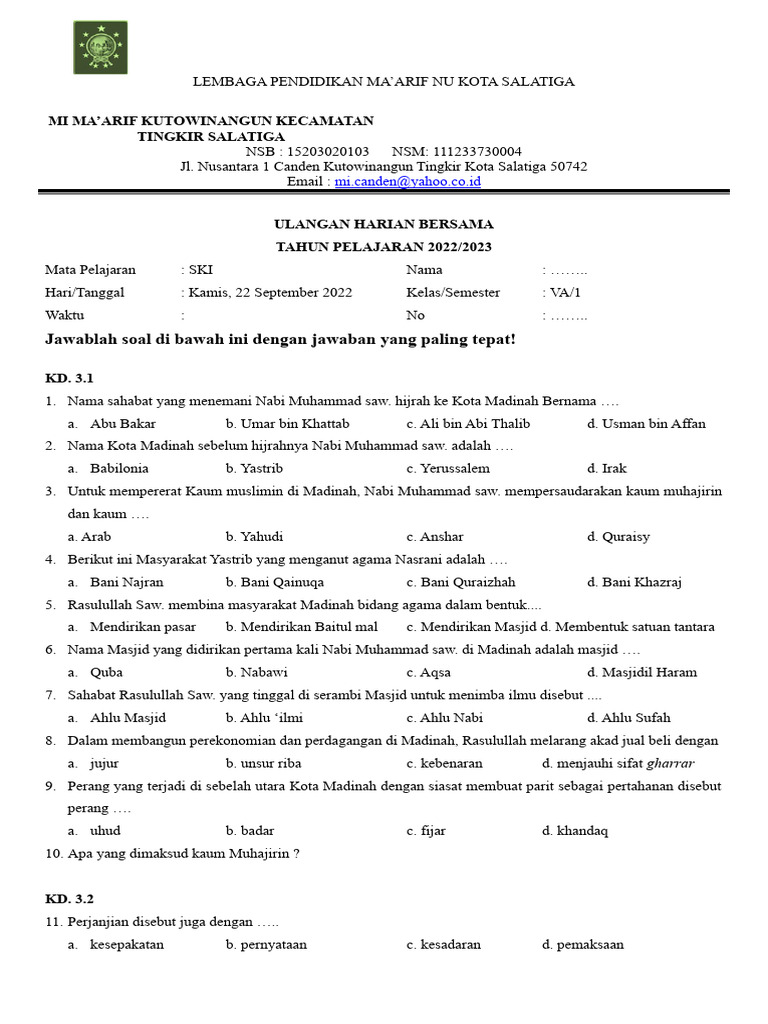 Soal UHB SKI Kelas 5b | PDF | Agama & Spiritualitas