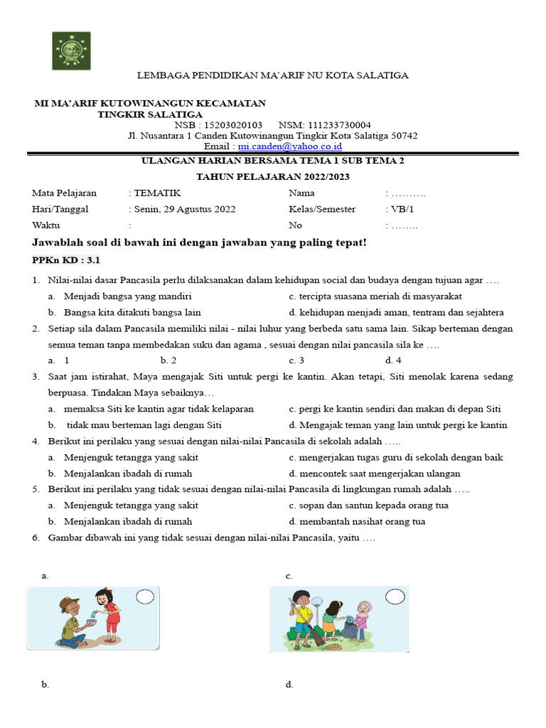 Soal UHB Tema 1 Sub Tema 2 Kelas 5b | PDF | Olahraga & Rekreasi