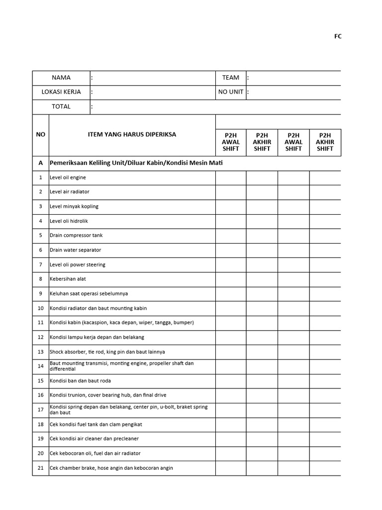 Formulir P2H Alat Berat Harian | PDF