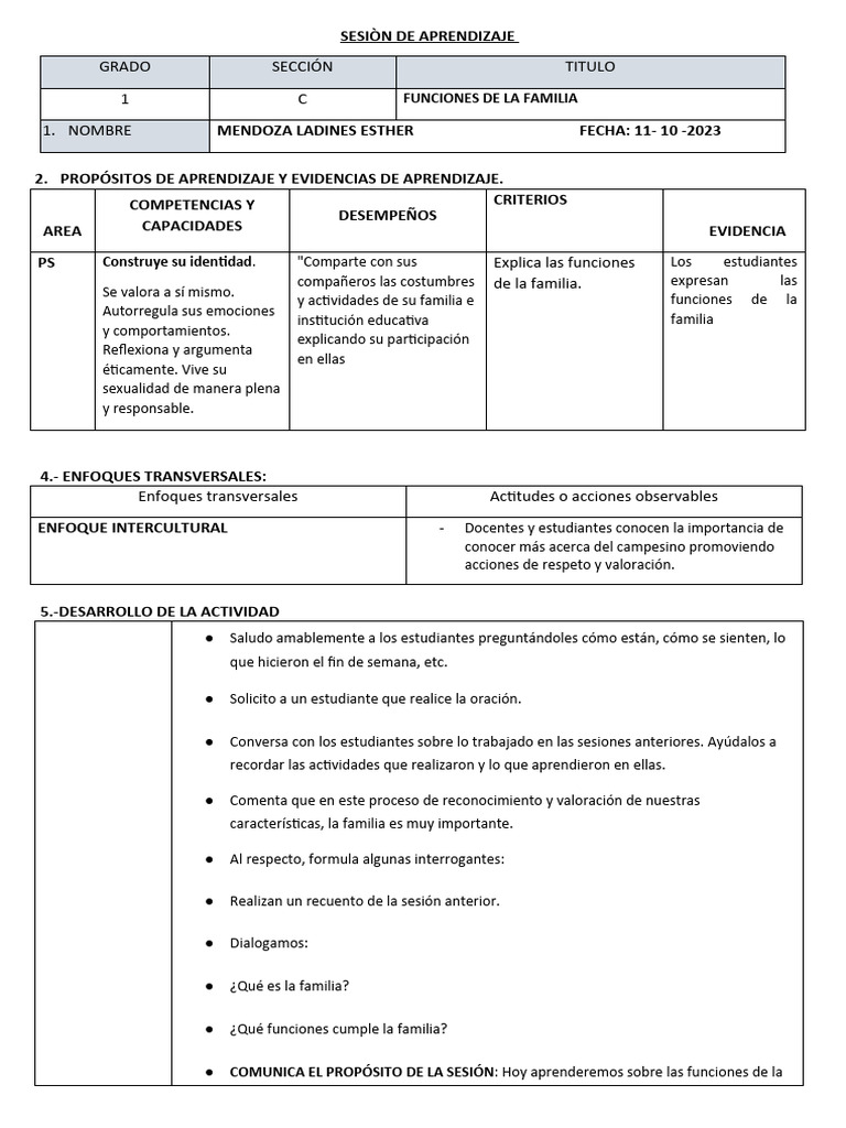 Sesiòn de Aprendizaje Funciones de Mi Familia | PDF