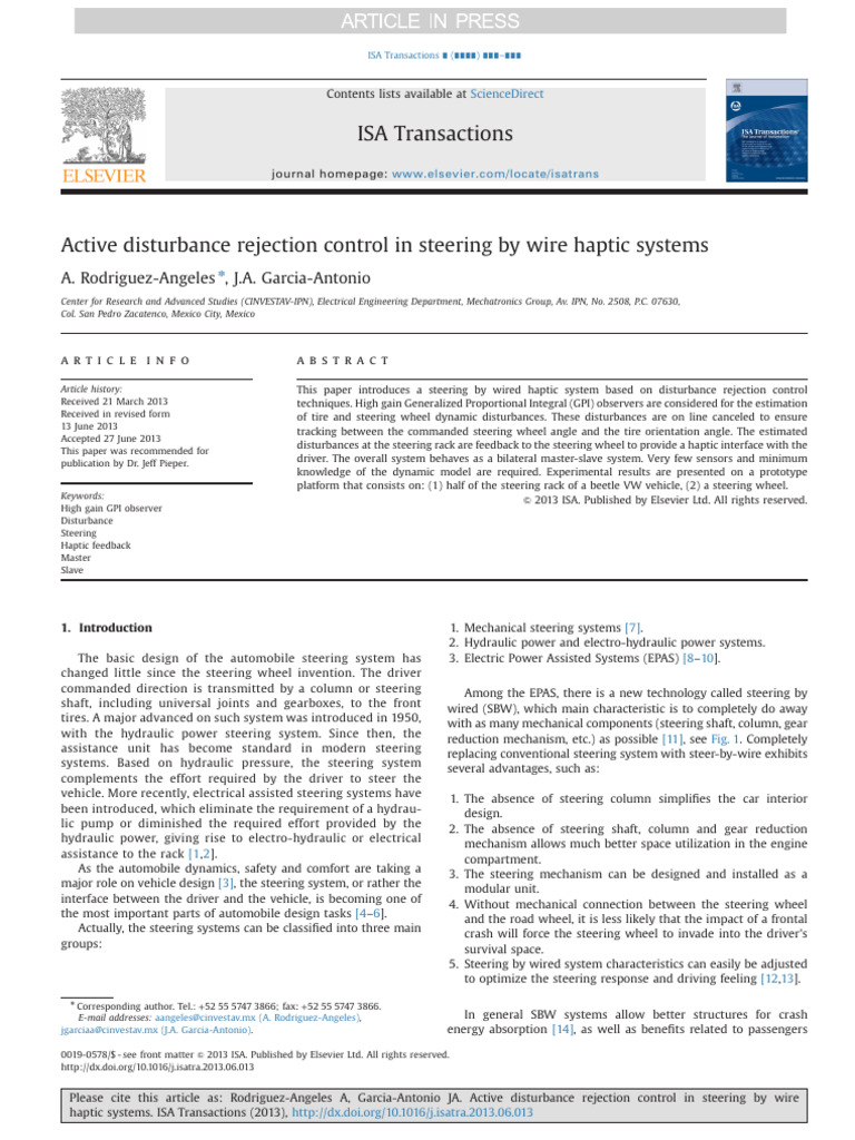 Active Disturbance Rejection Control in Steering by Wire Haptic Systems | PDF | Steering ...