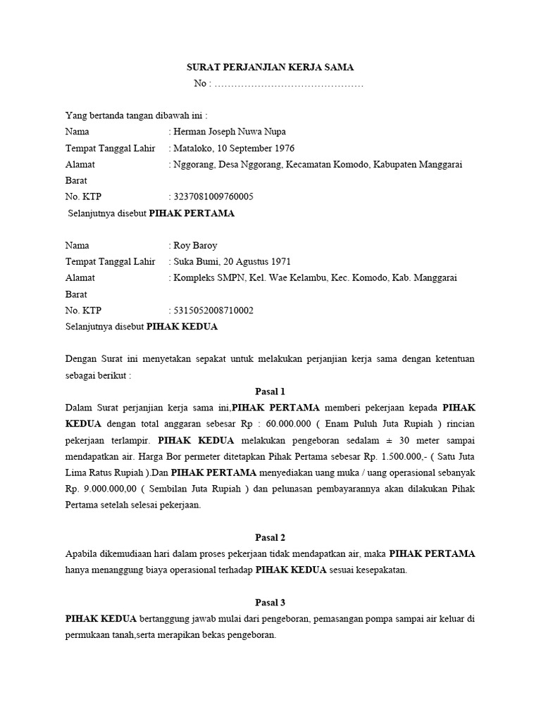 SURAT PERJANJIAN KERJA SAMA Bor 1 | PDF