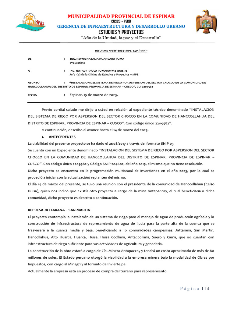Informe N°001-2023 - Choco | PDF | Perú | Riego Informe N°001-2023 - Choco | PDF | Perú | Riego