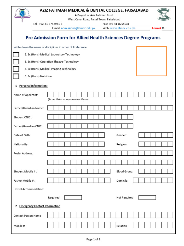 Admission Form For AHS Online | PDF
