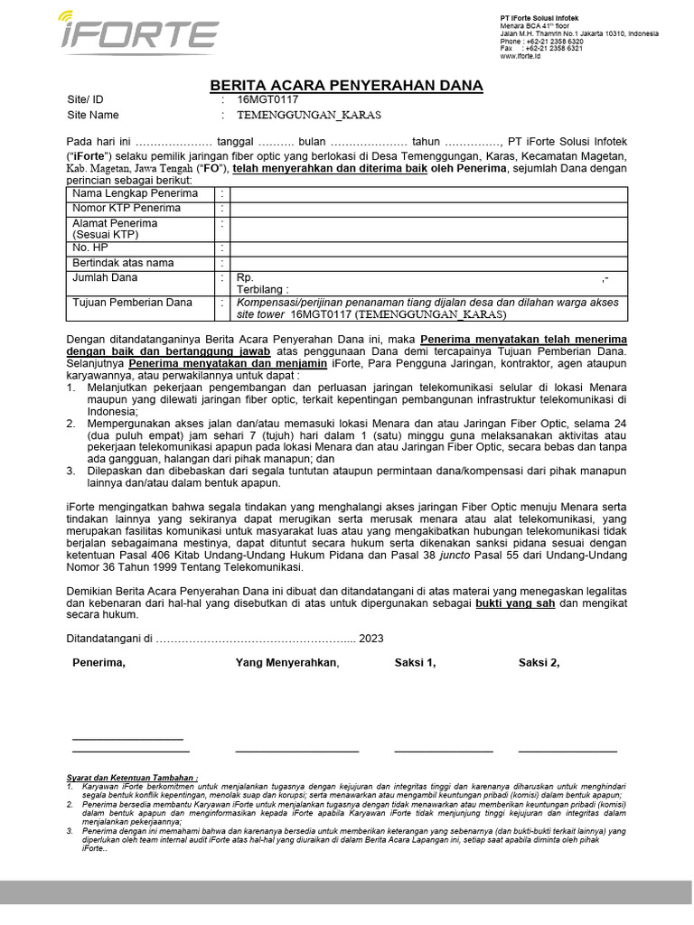 2. Draft Berita Acara Penyerahan Dana iForte (BAPD Warga-LL)_Temboro | PDF