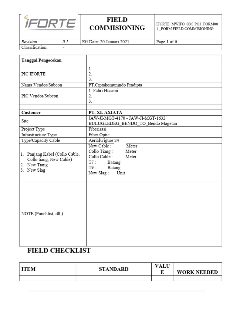 FORM FIELD COMMISIONING Update 2022 XL - BULUGLEDEG - BENDO - TO - Bendo Magetan | PDF