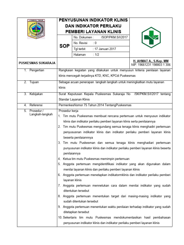 Sop Penyusunan Indikator Klinis Dan Indikator Perilaku Pemberi Layanan Klinis | PDF