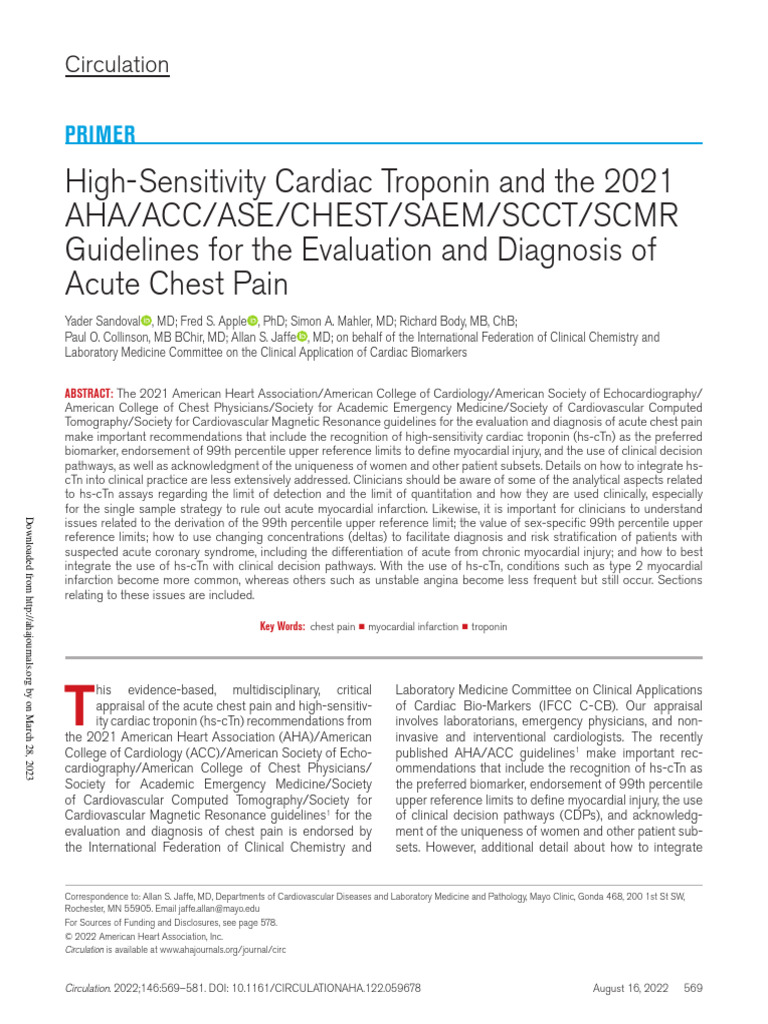 High-Sensitivity Cardiac Troponin and The 2021 AHAACCASECHESTSAEMSCCTSCMR Guidelines For The ...
