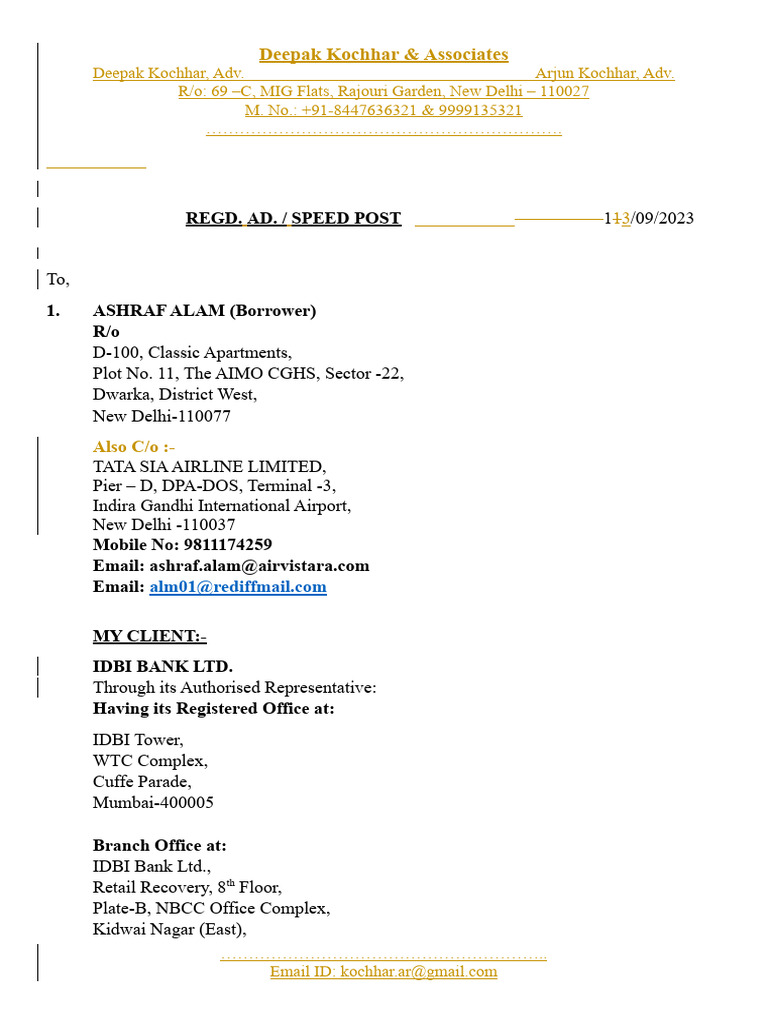 Legal Notice 138 - Ashraf Alam 11.09.2023 | PDF Legal Notice 138 - Ashraf Alam 11.09.2023 | PDF