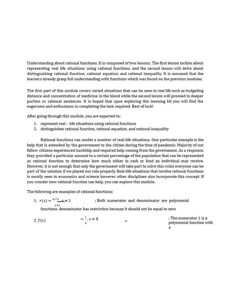 Rational Function, Rational Equation and Rational Inequality | PDF ...